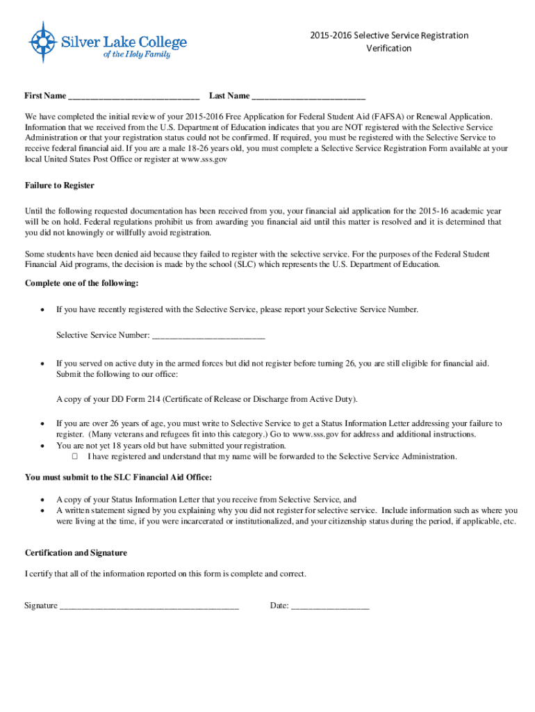 Fillable Online 2015-2016 Selective Service Registration Verification - HubSpot Fax Email Print ...