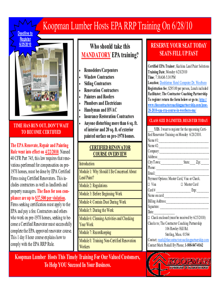 Fillable Online Koopman Lumber Hosts EPA RRP Training On 6 ...