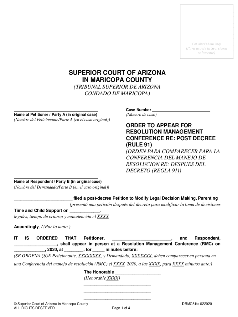 Fillable Online superiorcourt maricopa ORDEN PARA COMPARECER PARA LA CONFERENCIA DEL MANEJO DE ...