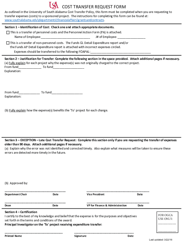Fillable Online PDF Cost Transfer Form v.03222016 - University of South ...