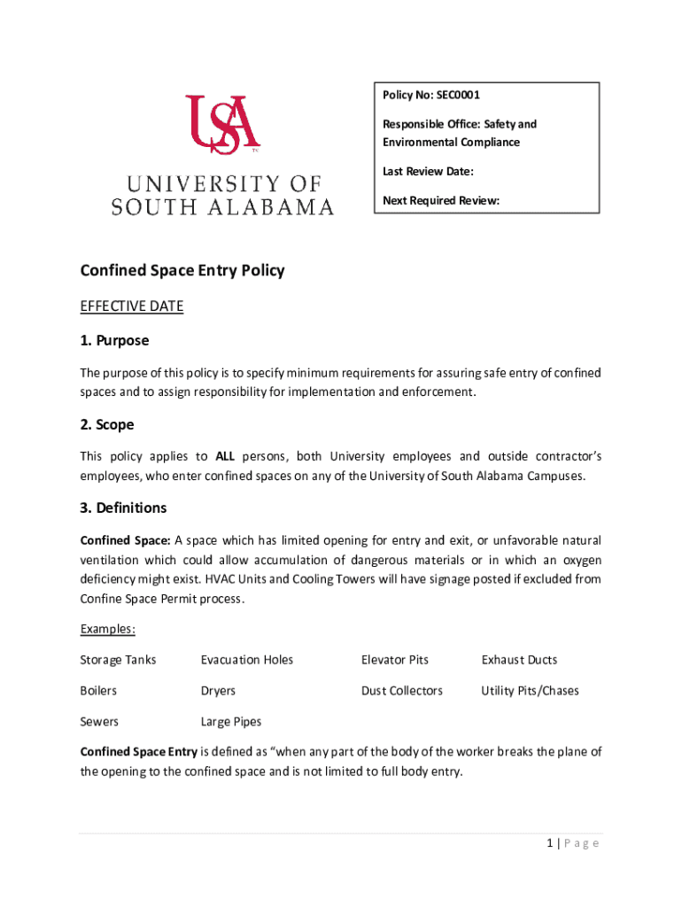 Fillable Online Confined Space Entry Policy - University of South Alabama Fax Email Print ...