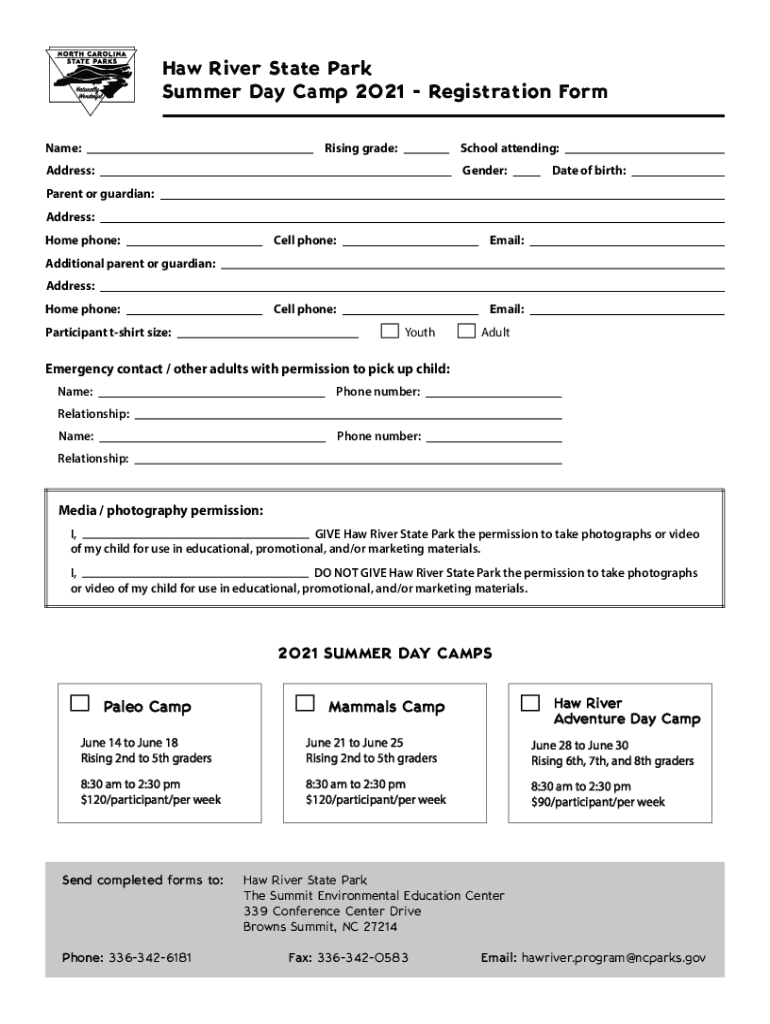 Fillable Online Haw River State Park Summer Day Camp 2021 - Registration Form Fax Email Print ...