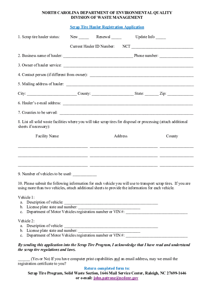 Fillable Online North Carolina Scrap Tire Hauler Registration ...