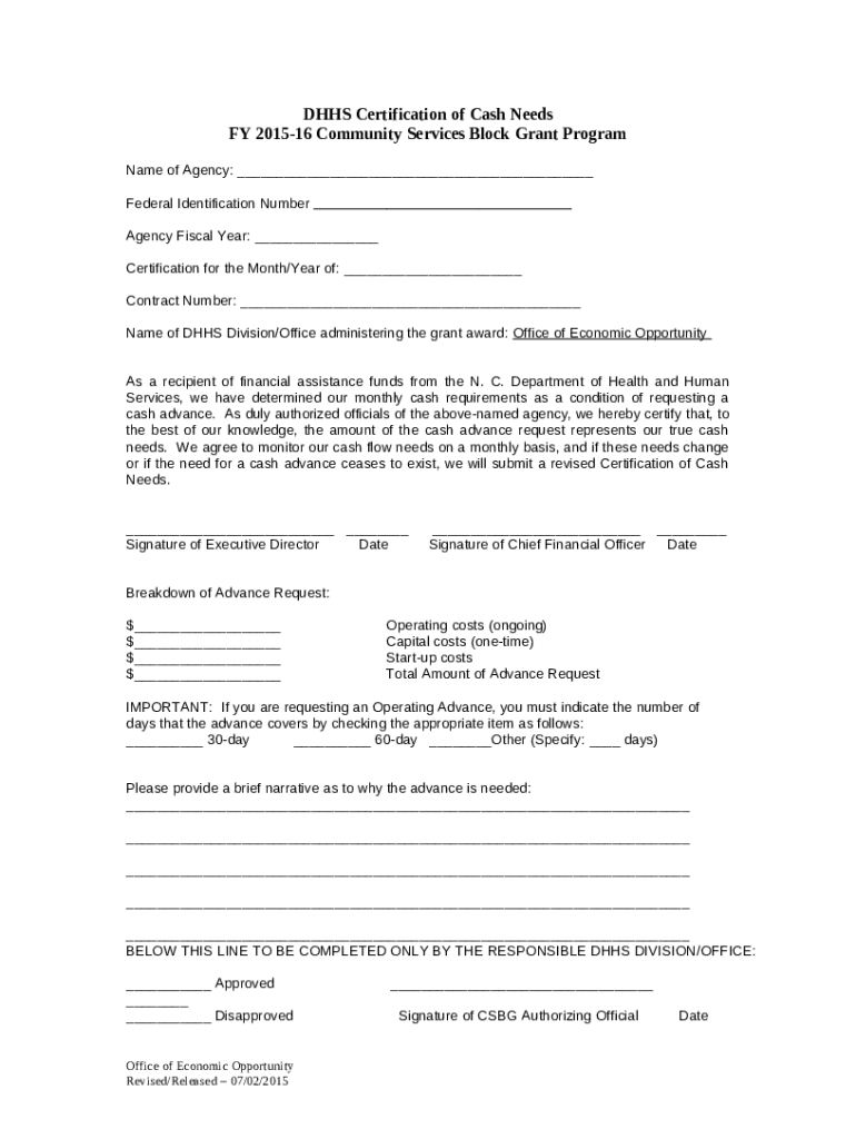 DHHS Certification of Cash Needs - Attachment 12 - NC.gov Doc Template ...