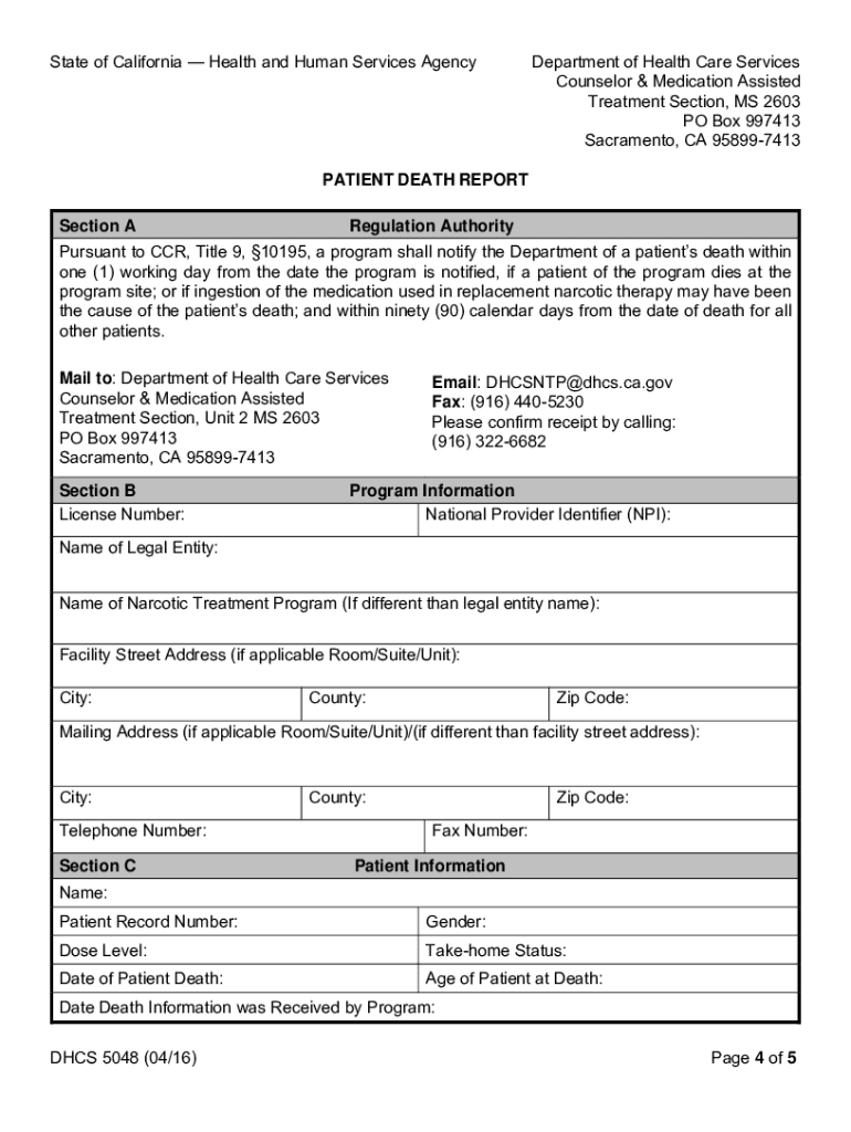Fillable Online DHCS 5048 Patient Death Report Fax Email Print - pdfFiller