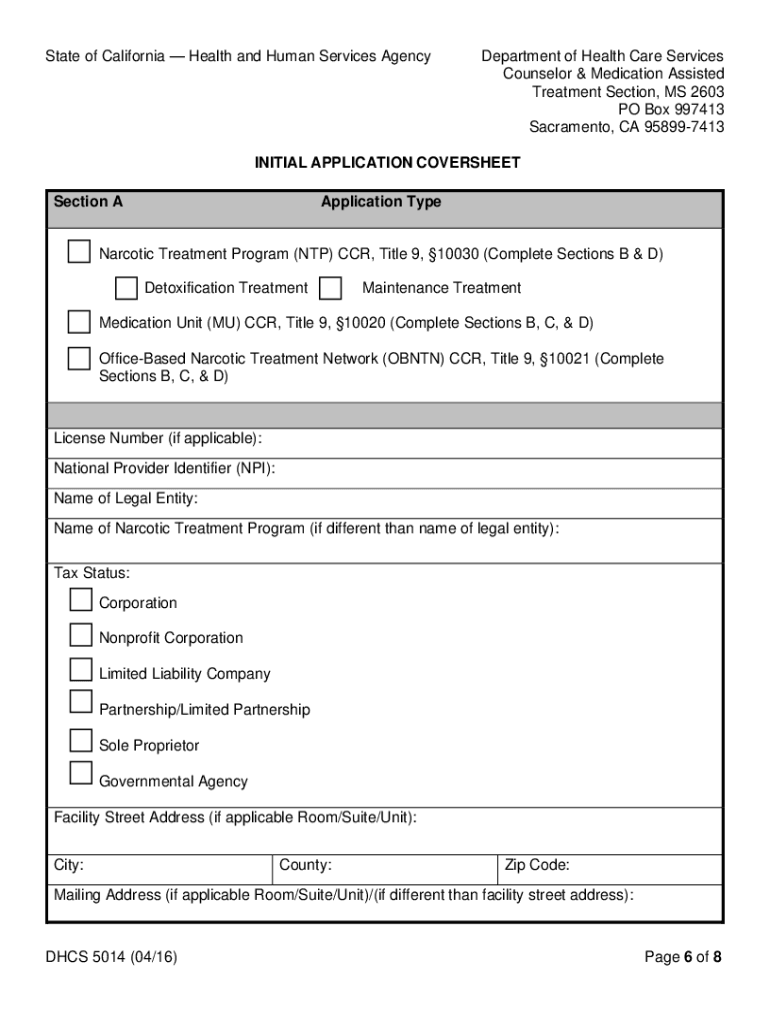 Fillable Online Narcotic Treatment Programs Initial Application Outline ...