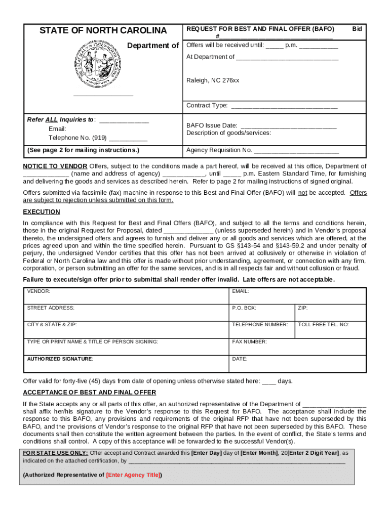 REQUEST FOR BEST AND FINAL OFFER (BAFO)Bid # Doc Template | pdfFiller