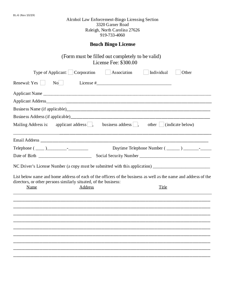 Alcohol Law Enforcement-Bingo Licensing Section P.O. Box 29500 Doc ...