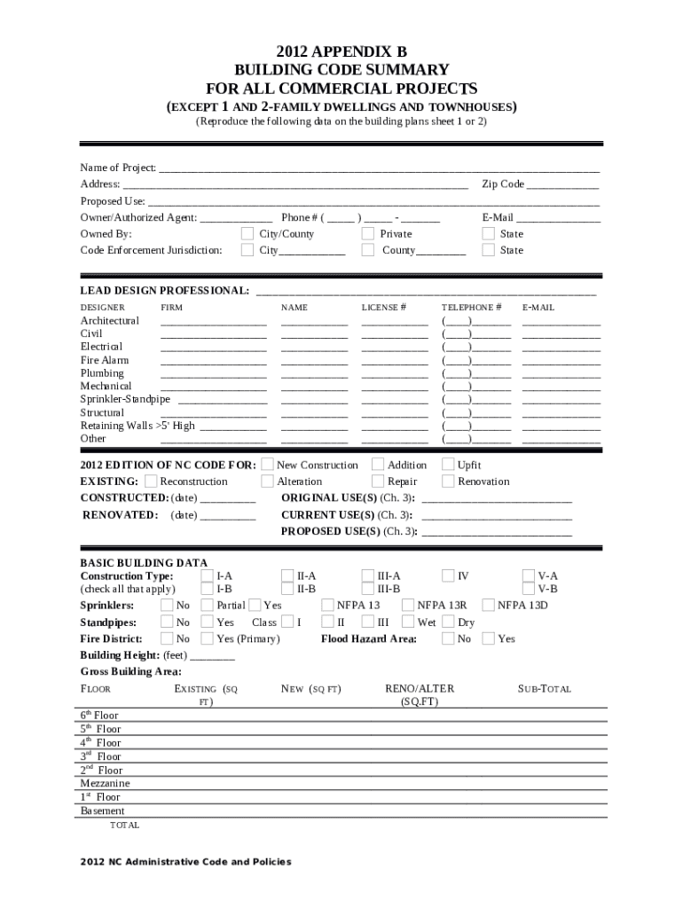 Appendix B: 2012 Building Code Summary for All Commercial ... Doc Template | pdfFiller