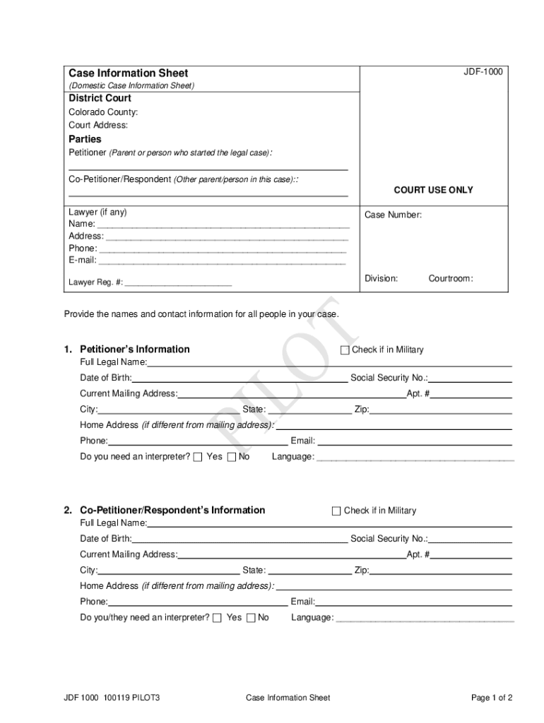 Fillable Online Case Information Sheet JDF-1000 - CO Courts Fax Email ...