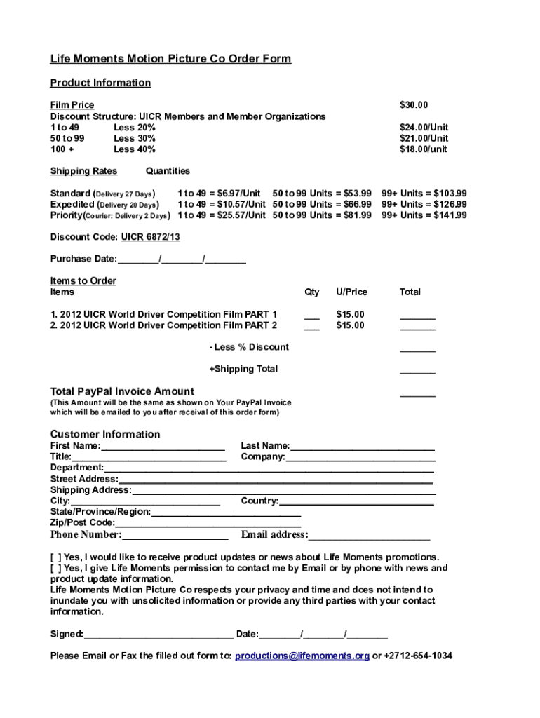 Fillable Online Life Moments Motion Picture Co Order Form Fax Email Print - pdfFiller