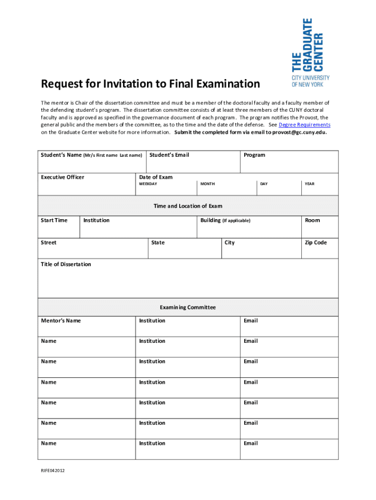 Fillable Online Request for Invitation to Final Examination Fax Email ...