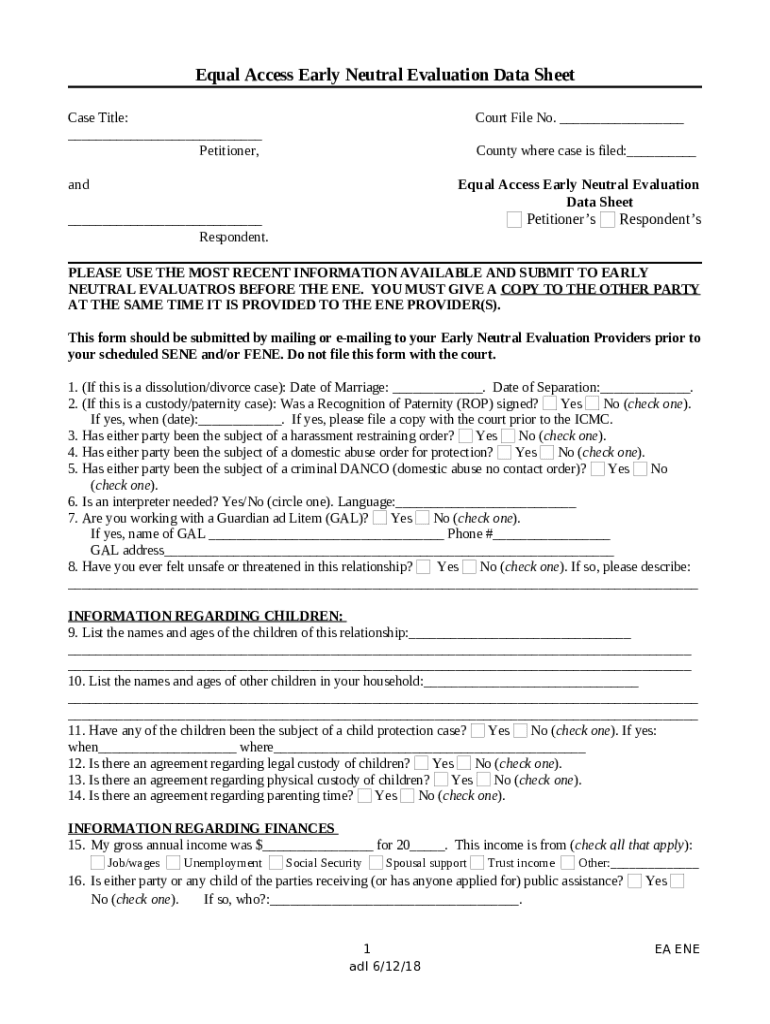 Equal Access Early Neutral Evaluation Data Sheet - mncourts.gov Doc ...