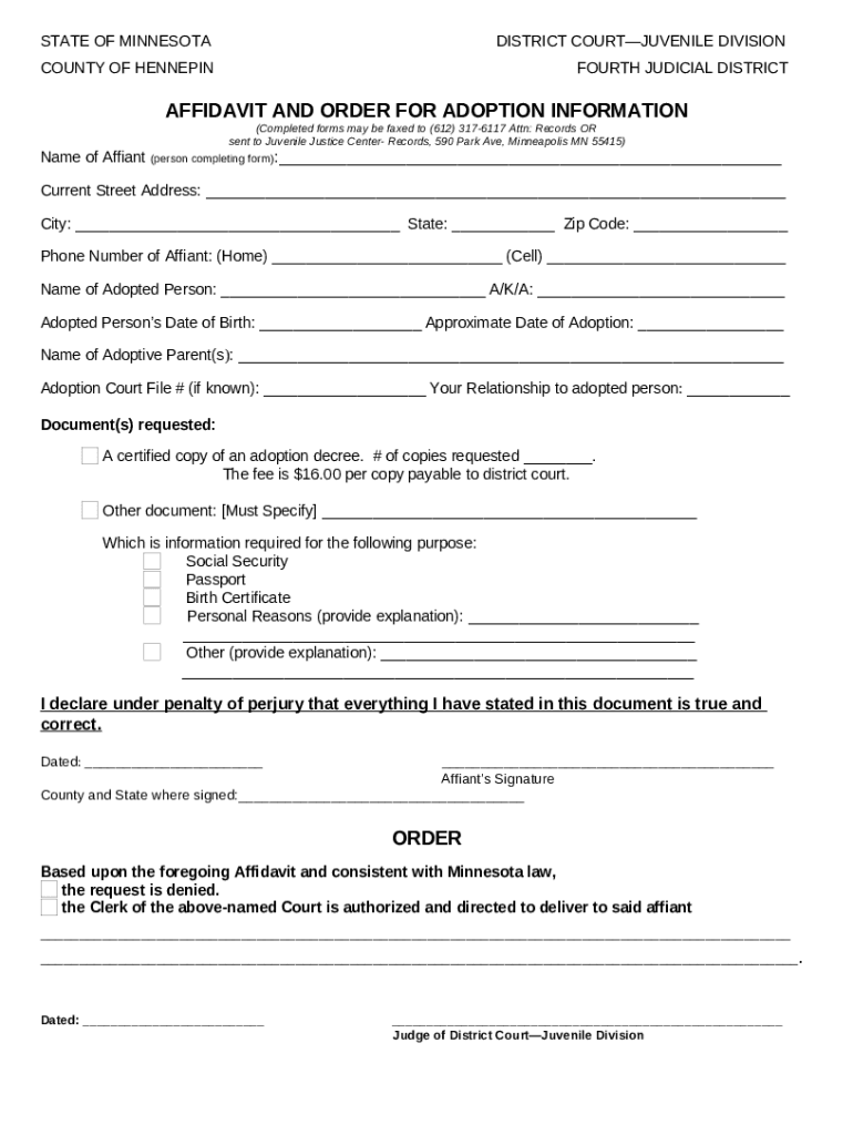 AFFIDAVIT AND ORDER FOR ADOPTION INATION - mncourts.gov Doc Template ...