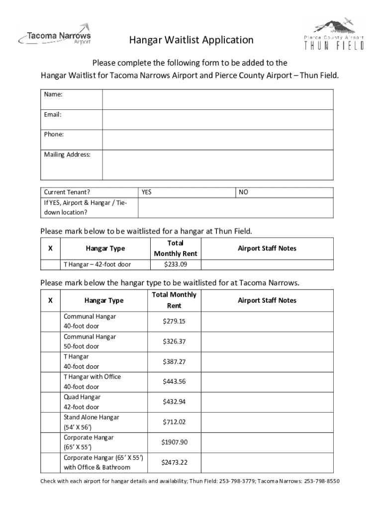 Fillable Online Hangar Waitlist Application - Pierce County, Washington Fax Email Print - pdfFiller