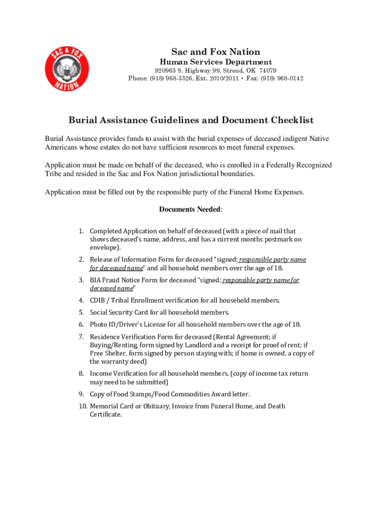 Fillable Online Sac and Fox Nation Burial Assistance Guidelines and ...