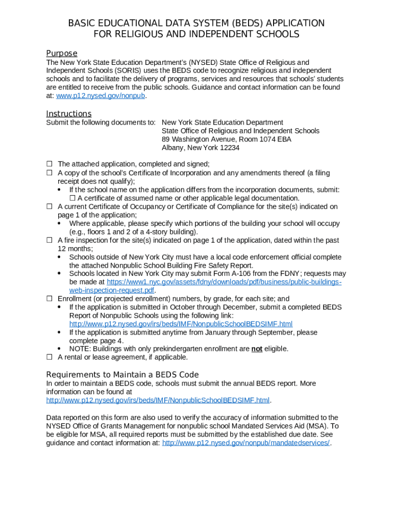 Basic Educational Data System (Beds) Application for ... Doc Template | pdfFiller