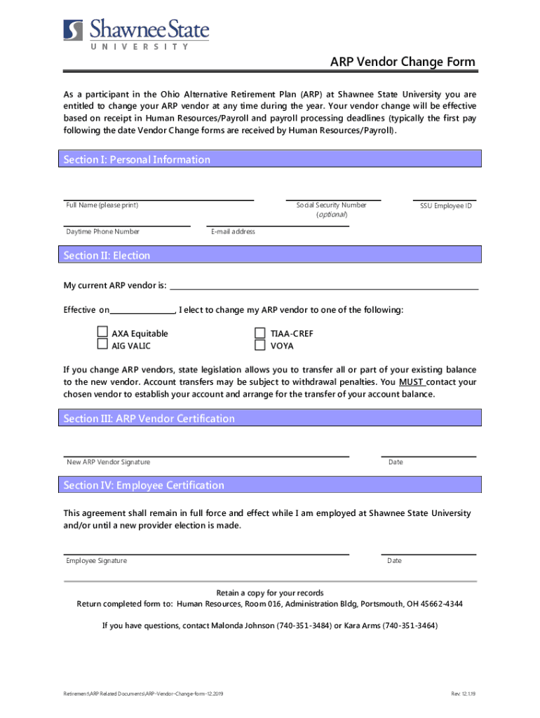 Fillable Online ARP Vendor Change Form - University of Toledo Fax Email ...