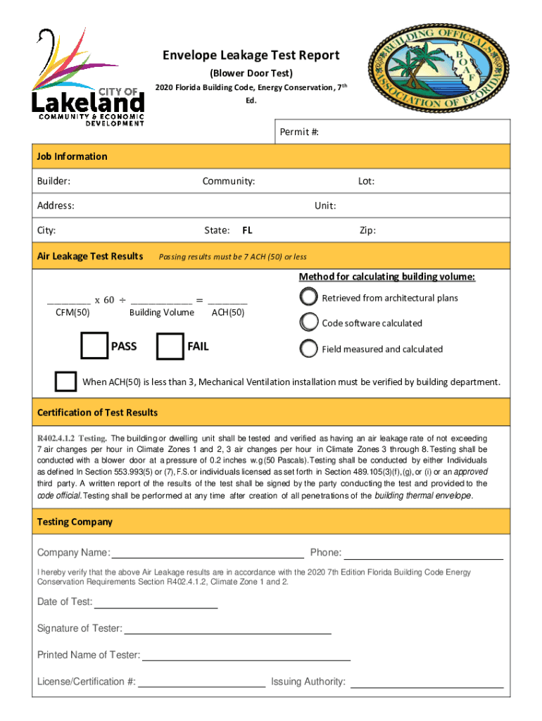 Fillable Online Envelope Leakage Test Report (Blower Door Test) - City ...