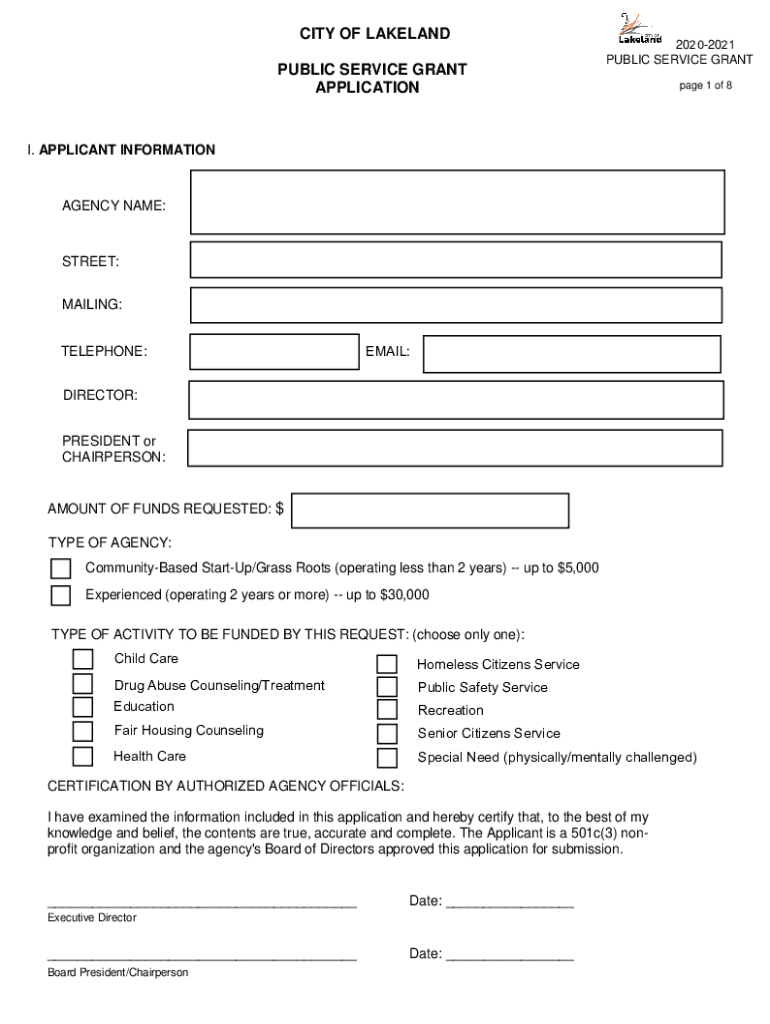 Fillable Online CITY OF LAKELAND PUBLIC SERVICE GRANT APPLICATION Fax Email Print - pdfFiller