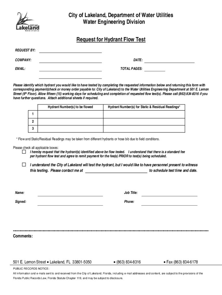 Fillable Online Fire Hydrant Flow Test Request form - City of Lakeland ...