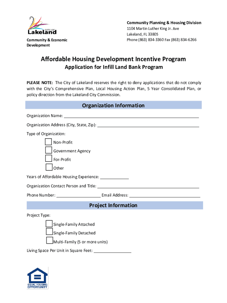 Fillable Online Affordable Housing Development Application for Infill Lots Headers Fax Email ...