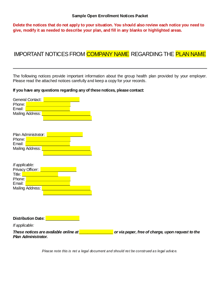 Sample Open Enrollment Notices Packet - Sullivan Benefits Doc Template ...