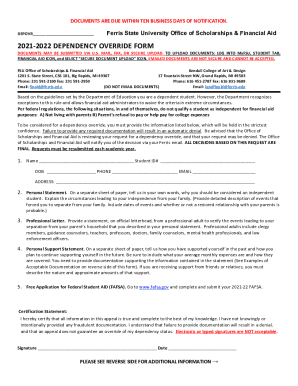 Fillable Online 2021-2022 DEPENDENCY OVERRIDE FORM - Ferris State University Fax Email Print ...