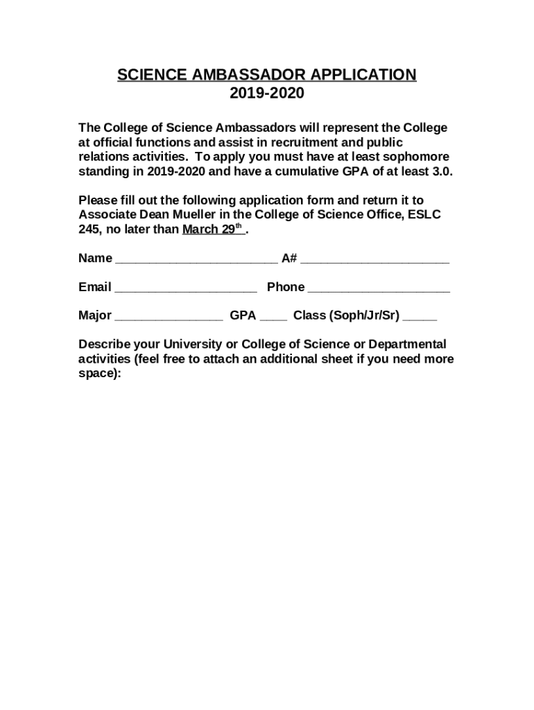 SCIENCE AMBASSADOR APPLICATION Doc Template | pdfFiller