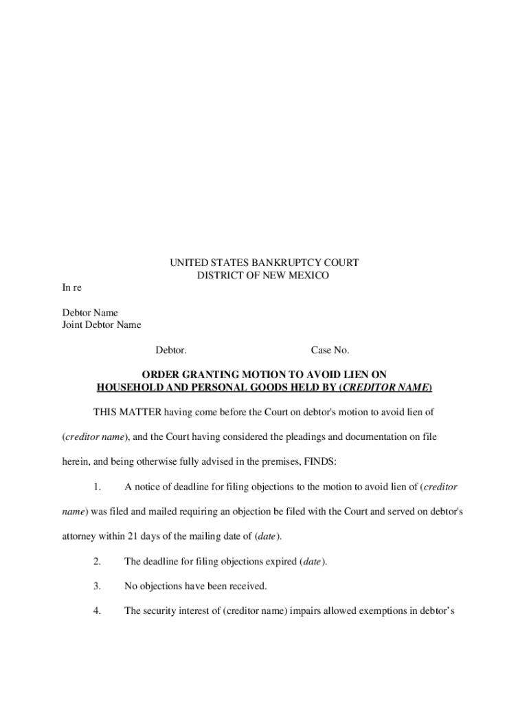 Fillable Online nmb uscourts ORDER GRANTING MOTION TO AVOID LIEN ON HOUSEHOLD AND PERSONAL ...