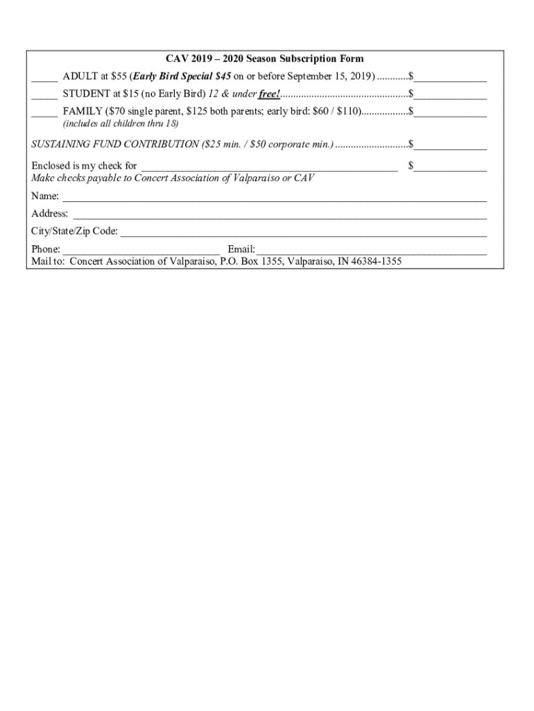 Fillable Online CAV 2019 2020 Season Subscription Form Fax Email Print ...