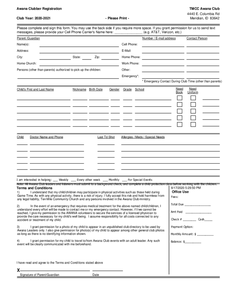 Fillable Online Awana Clubber Registration TMCC Awana Club 4440 E ... Fax Email Print - pdfFiller