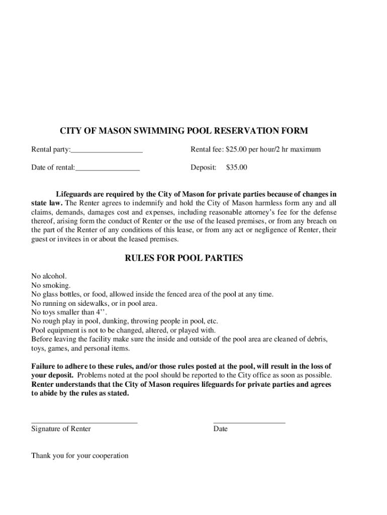 Fillable Online mason tx citygovt CITY OF MASON SWIMMING POOL ...