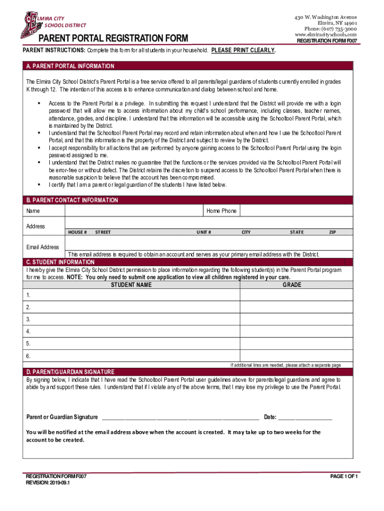 Fillable Online PARENT PORTAL REGISTRATION FORM. REGISTRATION FORM F007 ...