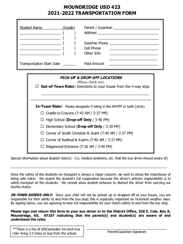 Fillable Online 2021-2022 TRANSPORTATION FORM Fax Email Print - pdfFiller
