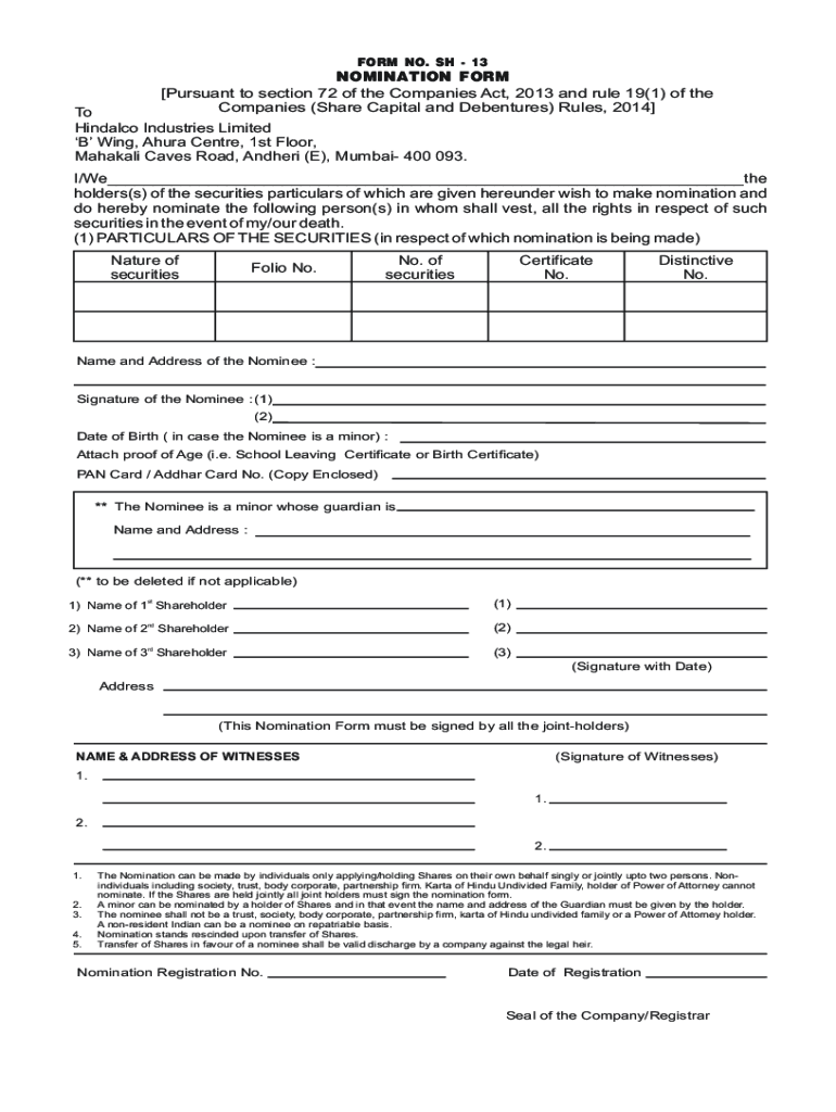 Fillable Online FORM NO. SH - 13 - Hindalco Industries Fax Email Print ...