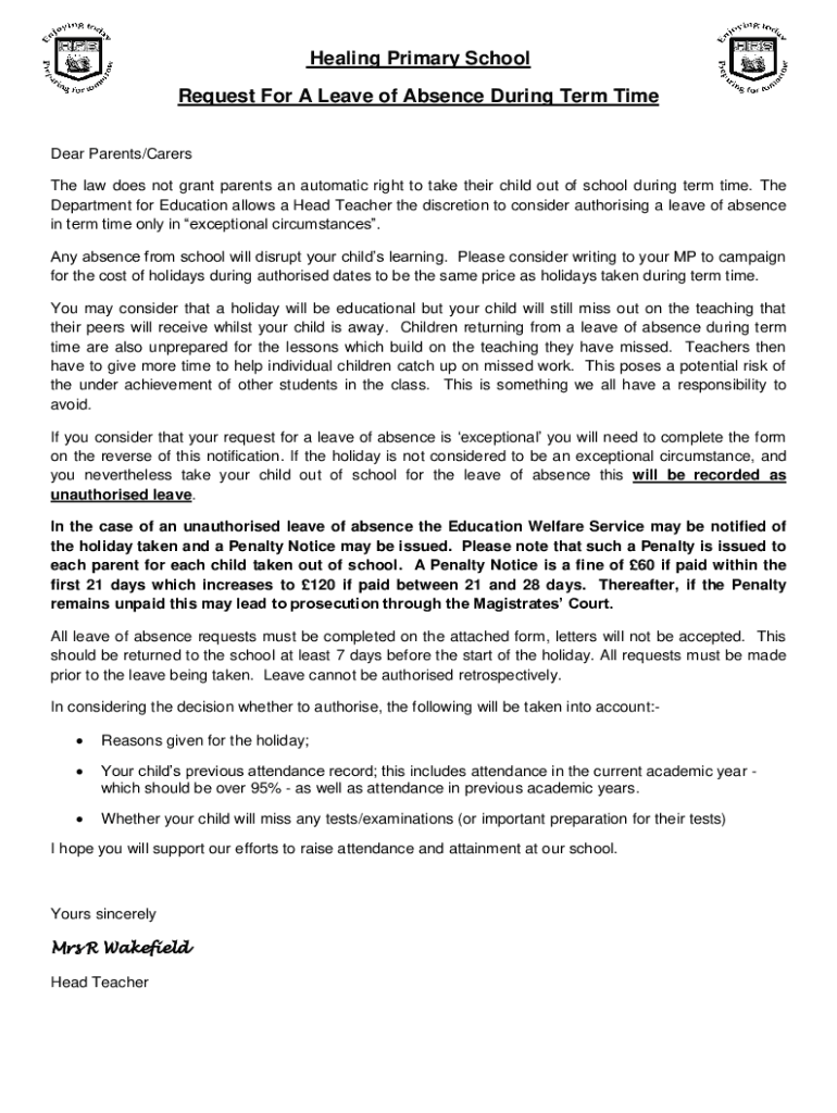 Fillable Online Holiday during term time - template letter + app form ...