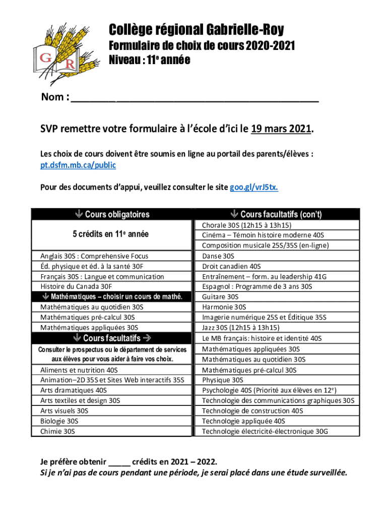 Remplissable En Ligne Les choix de cours doivent tre soumis en ligne au portail des parents/lves ...