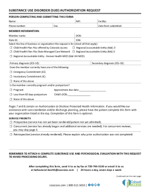 Fillable Online SUBSTANCE USE DISORDER (SUD) AUTHORIZATION REQUEST Fax ...