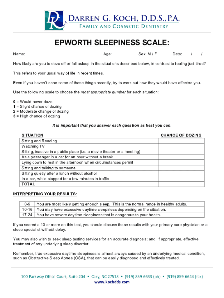 Fillable Online Epworth Sleepiness Scale - Sleep Disorders Center of ...