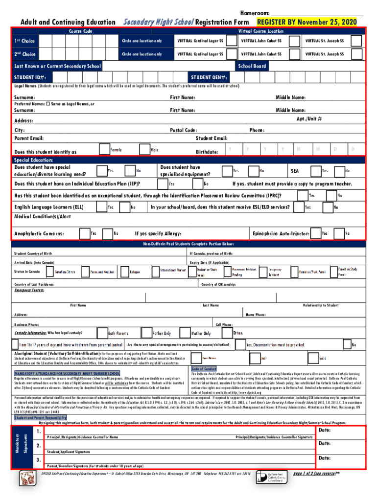 Fillable Online Fillable DPCDSB Winter Night School 2021 Registration ...