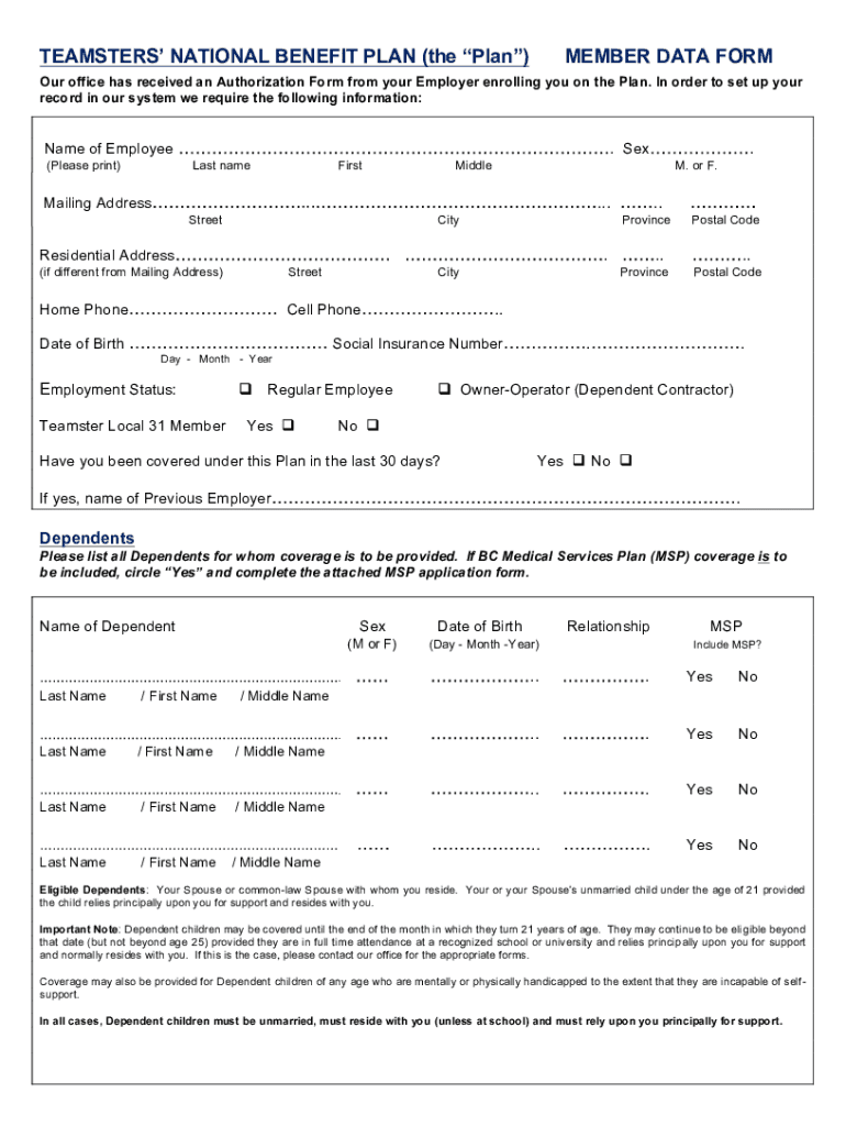 Fillable Online TEAMSTERS NATIONAL BENEFIT PLAN (the Plan) MEMBER DATA ...