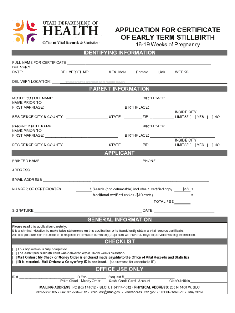 Fillable Online APPLICATION FOR CERTIFICATE OF EARLY TERM STILLBIRTH ...