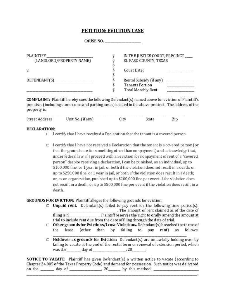 Fillable Online PETITION for EVICTION Case No. 11- -S- In the Justice ...