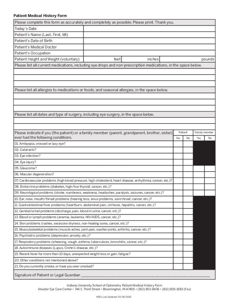 Fillable Online Indiana University School of Optometry Patient Medical ...