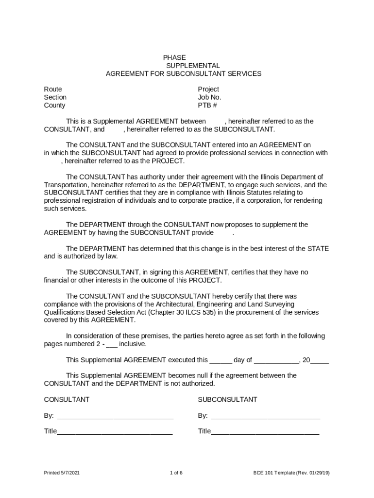 PHASESuplemental Agreement for Subconsultant Services. BDE 101 Template ...
