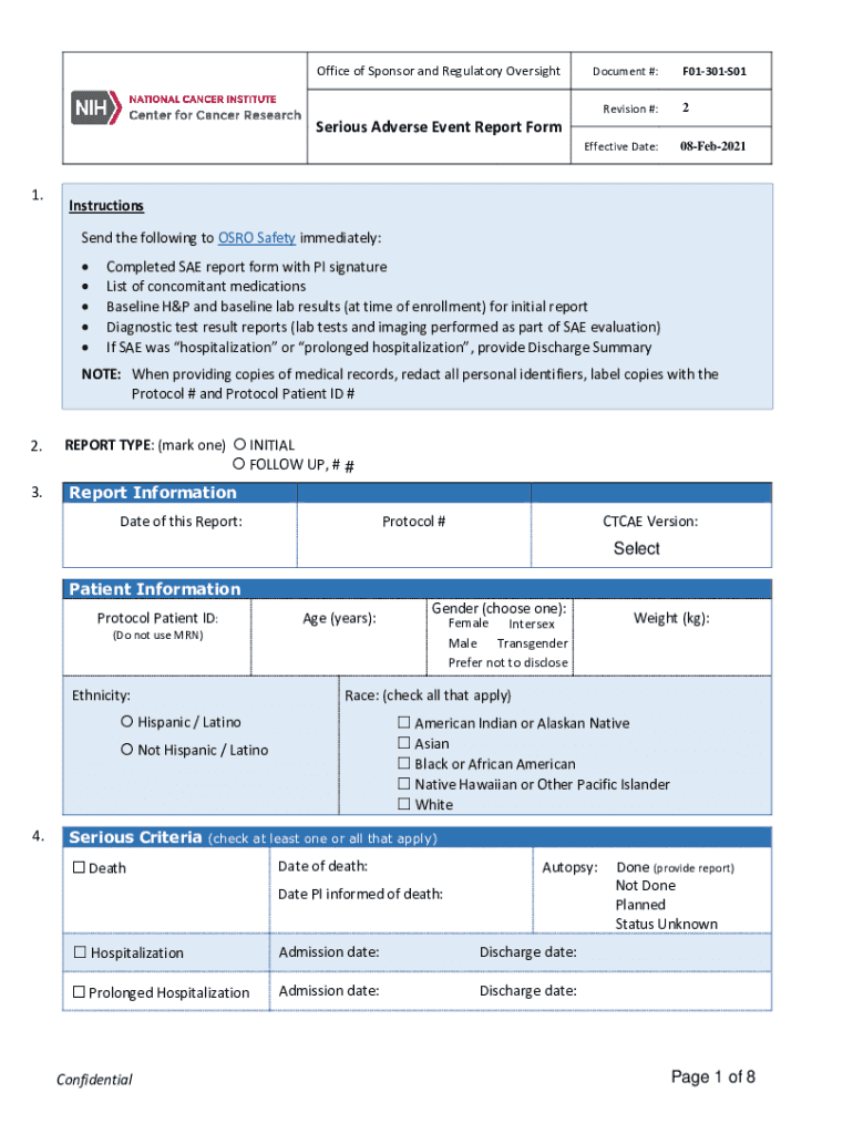 Fillable Online ccrod cancer F01-301-S01 Serious Adverse Event Report ...