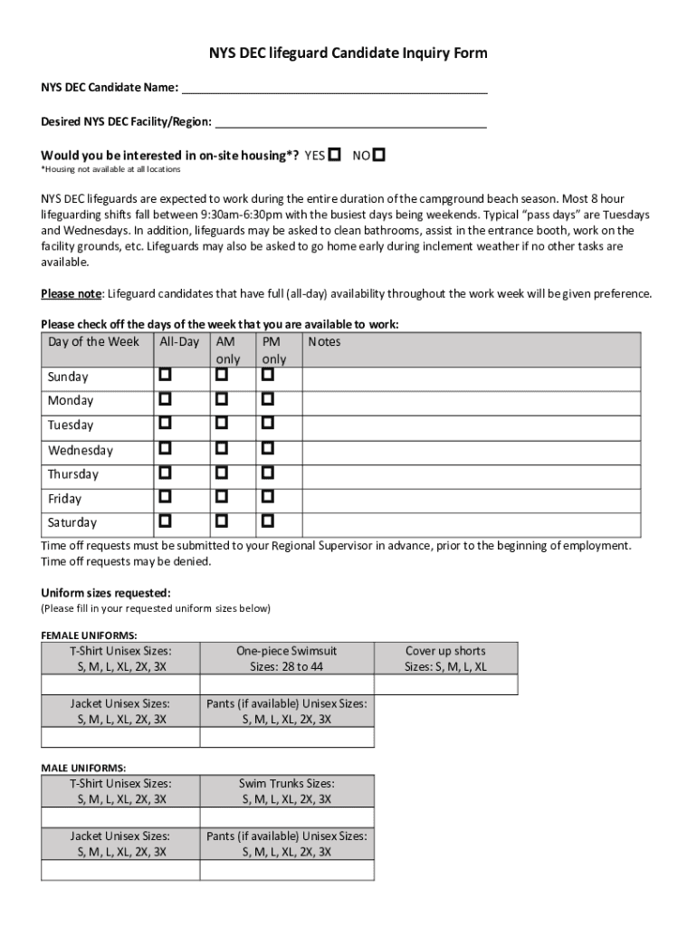 Fillable Online Lifeguard Candidate Inquiry Form. Lifeguard Candidate ...
