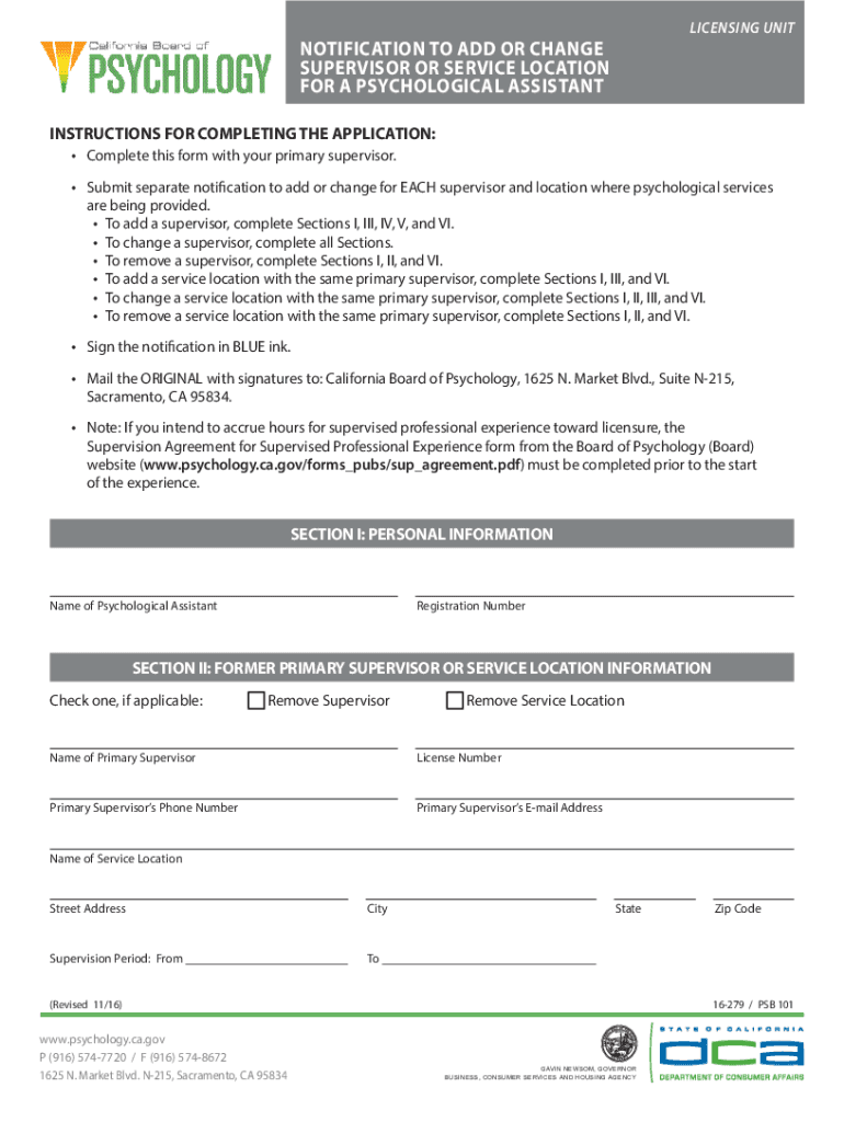 Fillable Online Notification to Add or Change Supervisor or Service ...