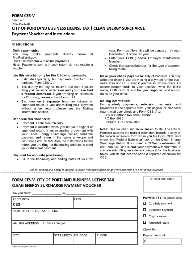 Fillable Online FORM CES-V, CITY OF PORTLAND BUSINESS LICENSE TAX ...